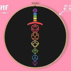 Dice Sword Cross Stitch Pattern, Rainbow Game Embroidery, Dice ...