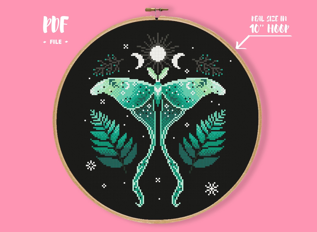 Fern Moth Cross Stitch Pattern, Green Herbs Flowers Needlepoint Witchy ...