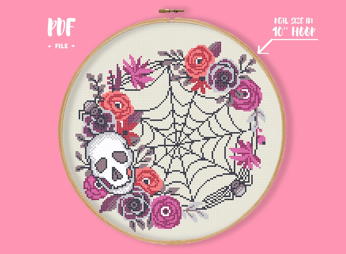 Gothic Web Wreath Cross Stitch Pattern, Skull Flowers Embroidery, Goth ...