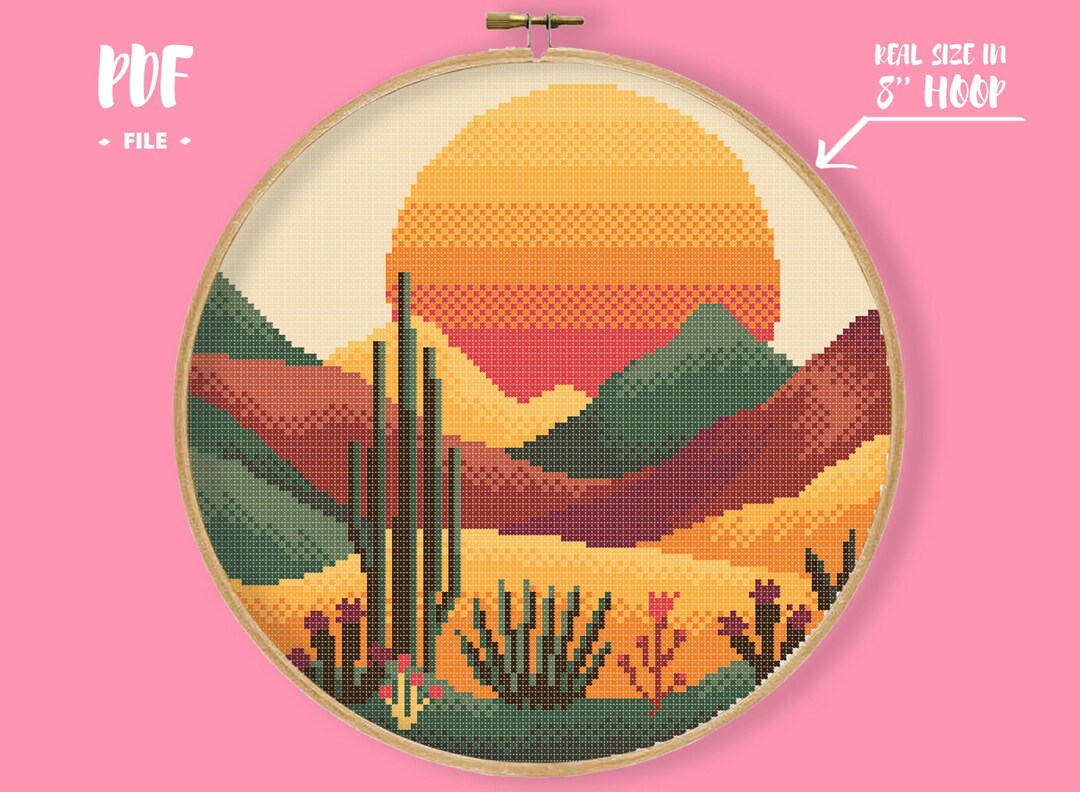 Round Desert Nature Cross Stitch Pattern, Landscape Embroidery ...