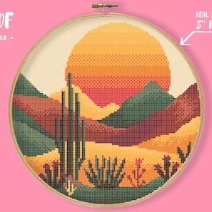 Round Desert Nature Cross Stitch Pattern, Landscape Embroidery ...