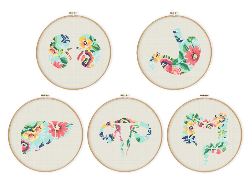 9 Patterns Set Floral Anatomy Embroidery Heart Brain Lungs - Etsy