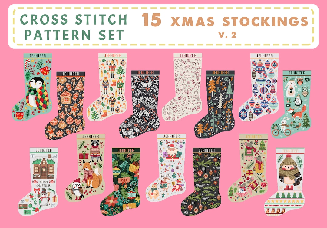 15 Christmas Stocking Set (V2) Cross Stitch Pattern, Santa Christmas ...