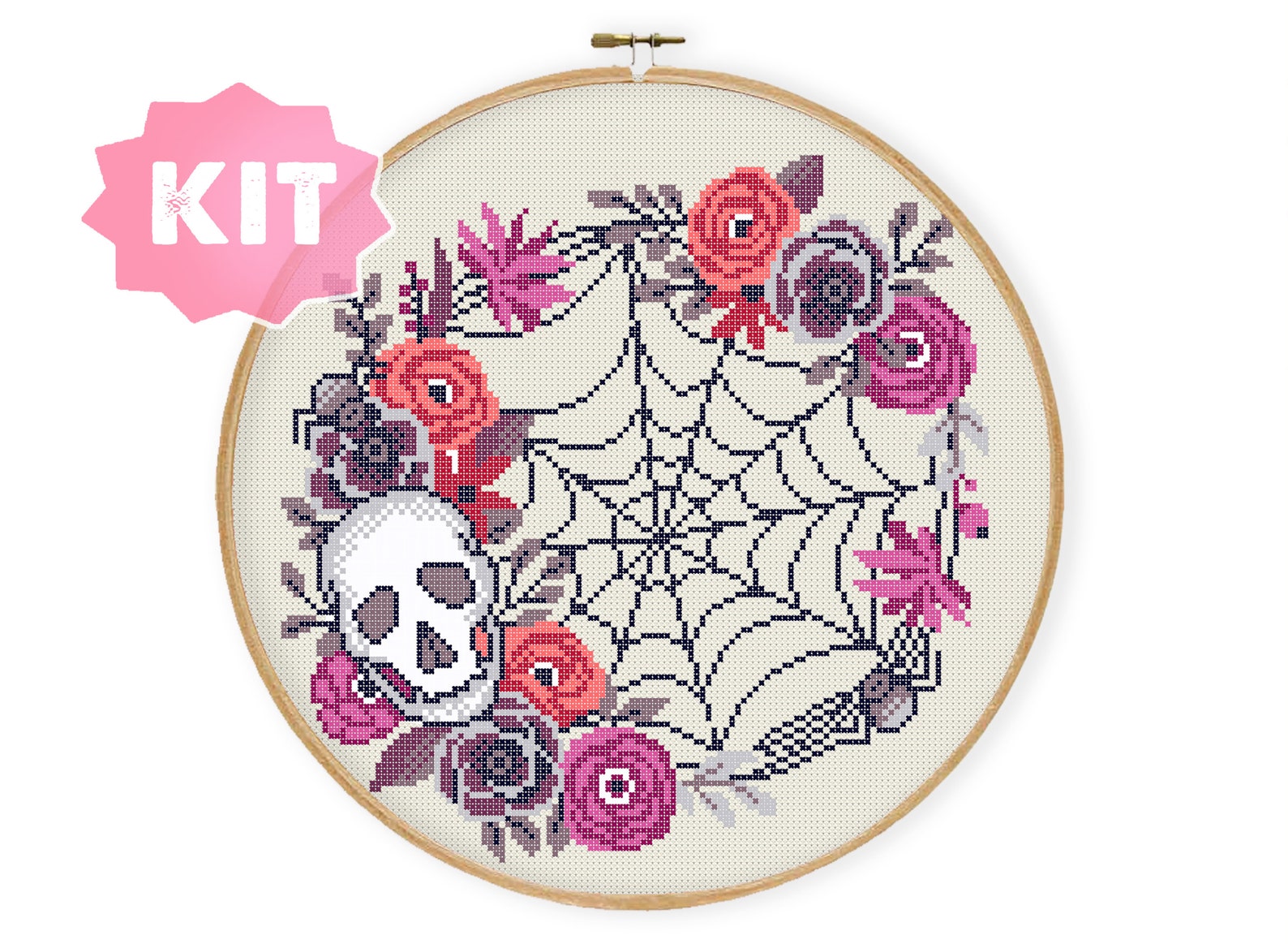 Gothic Web Wreath Cross Stitch Kit Skull Flowers Embroidery - Etsy
