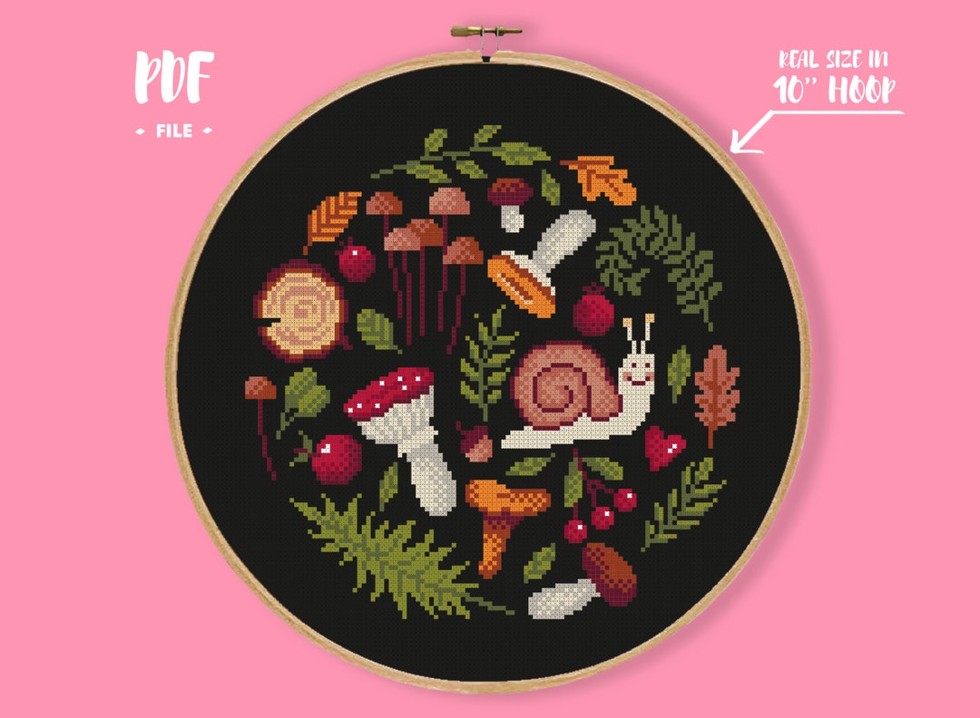 Mushrooms and Snail Cross Stitch Pattern, Natural Forest Embroidery ...