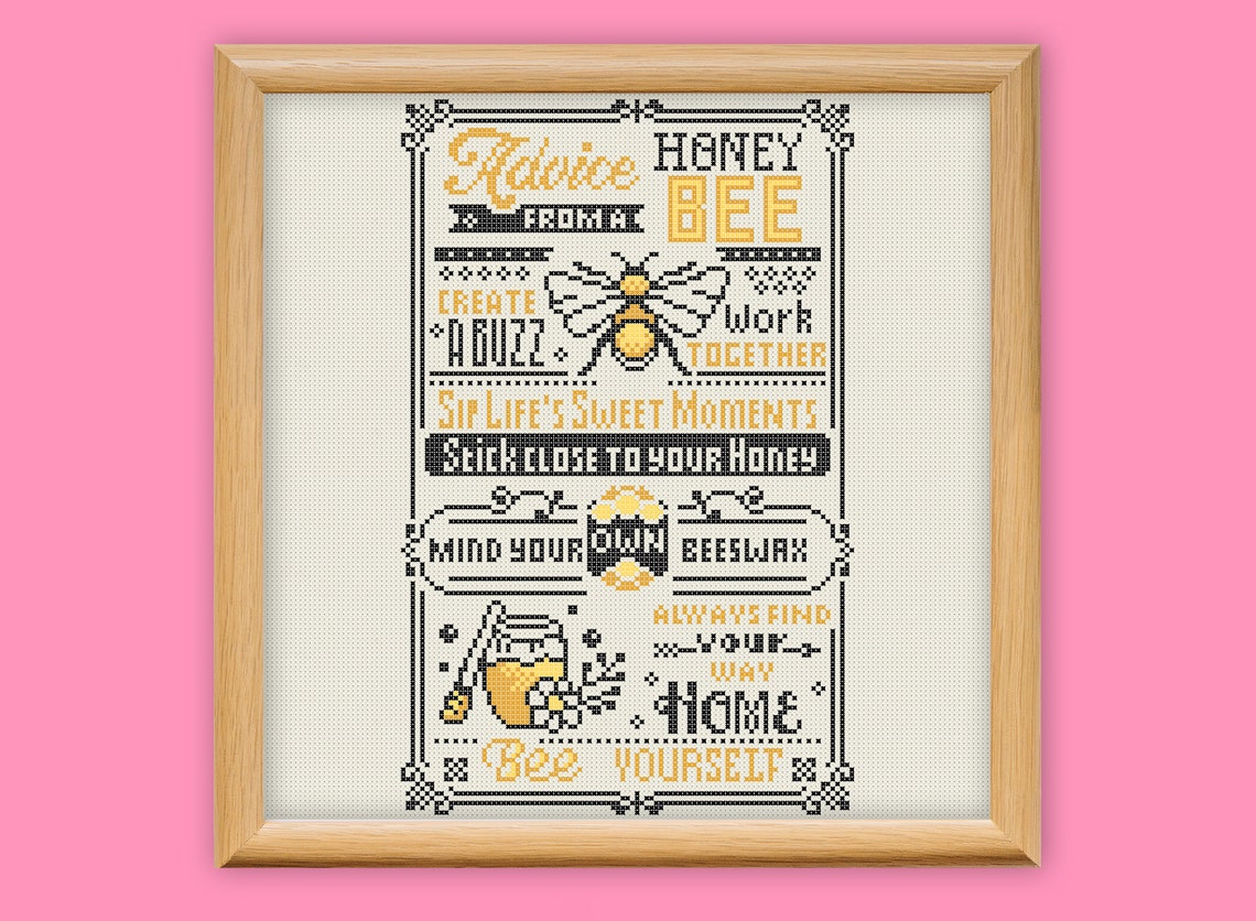 Bee Sampler Cross Stitch Pattern, Oldstyle Quaker Embroidery, Text ...