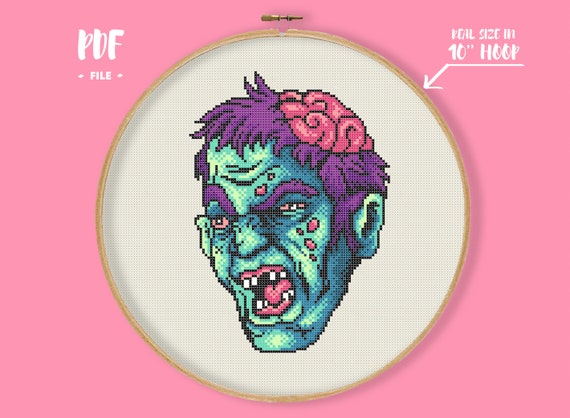 Zombie Head Cross Stitch Pattern Halloween Embroidery Gothic - Etsy