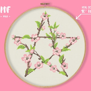 Floral Star Cross Stitch Pattern, Cute Pastel Pentagram Embroidery ...