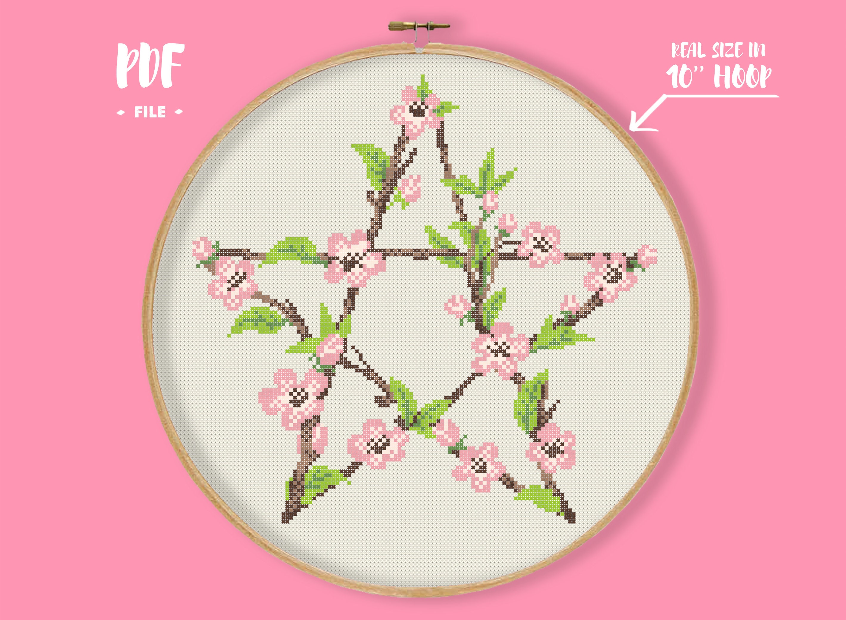 Floral Star Cross Stitch Pattern, Cute Pastel Pentagram Embroidery ...