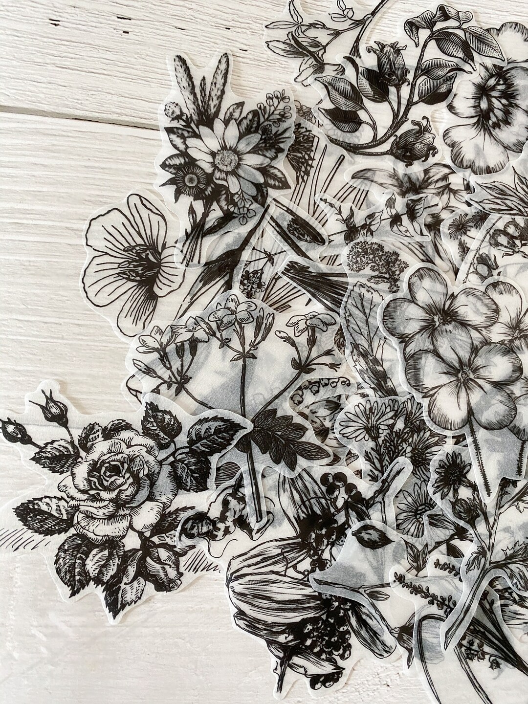 55pcs Vintage Black and White Flowers Sticker Large Size Floral Sticker ...