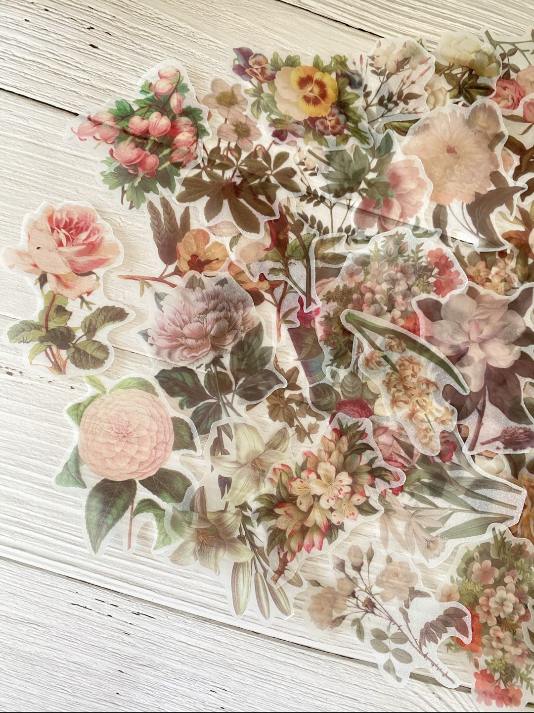 55pcs Vintage White Flower Sticker Large Size Floral Sticker Pack ...