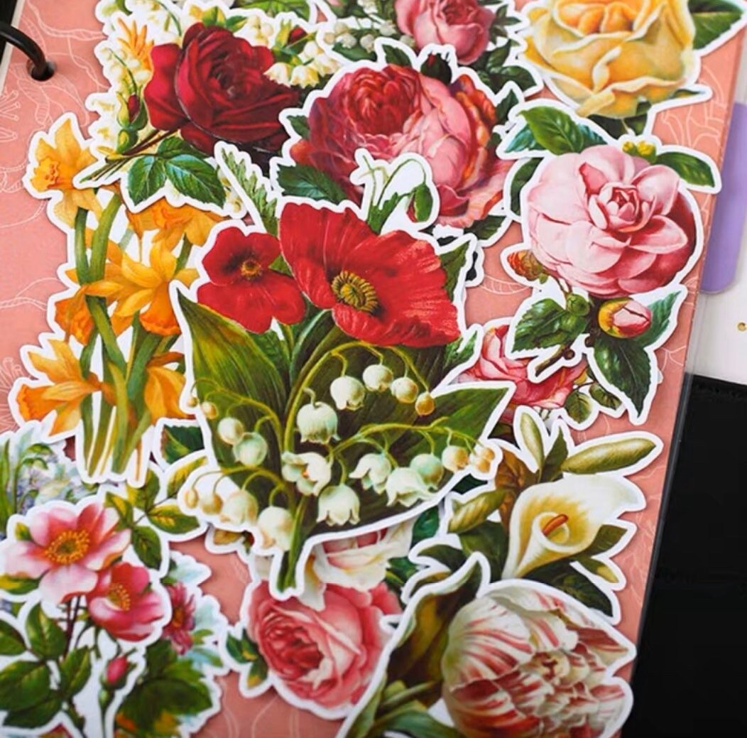 36 Vintage Floral Stickers: Large Flower Pack B, Planner Scrapbook ...