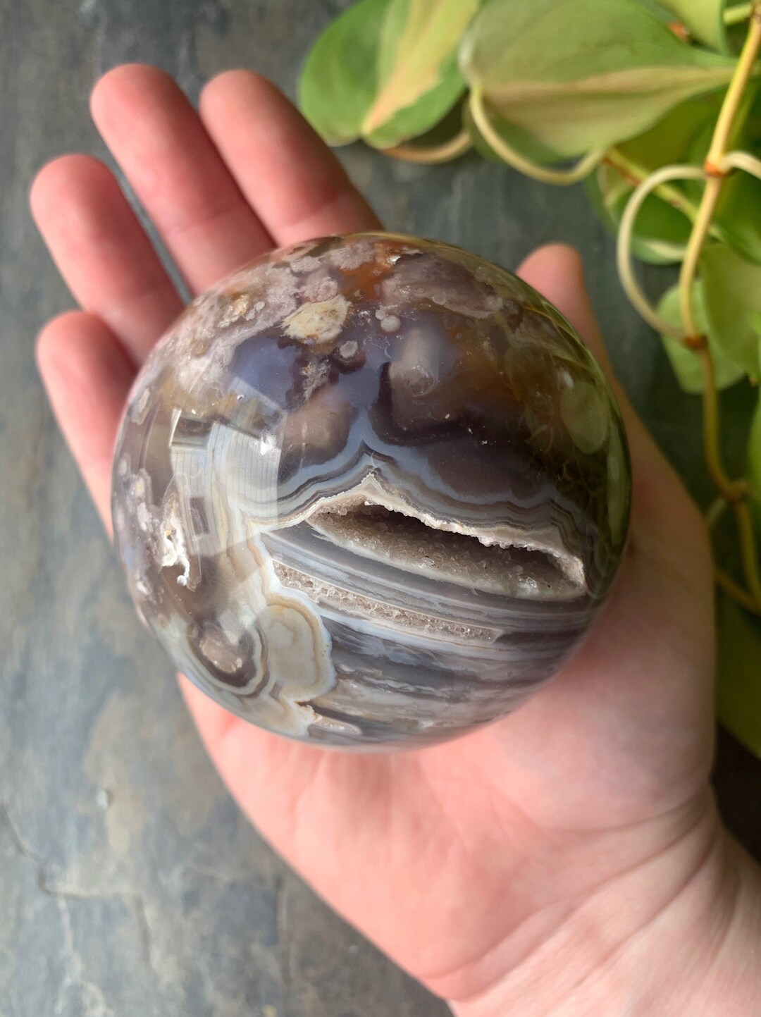 Black Flower Agate Sphere- Stunning! Flower Agate With Druzy, Unique ...
