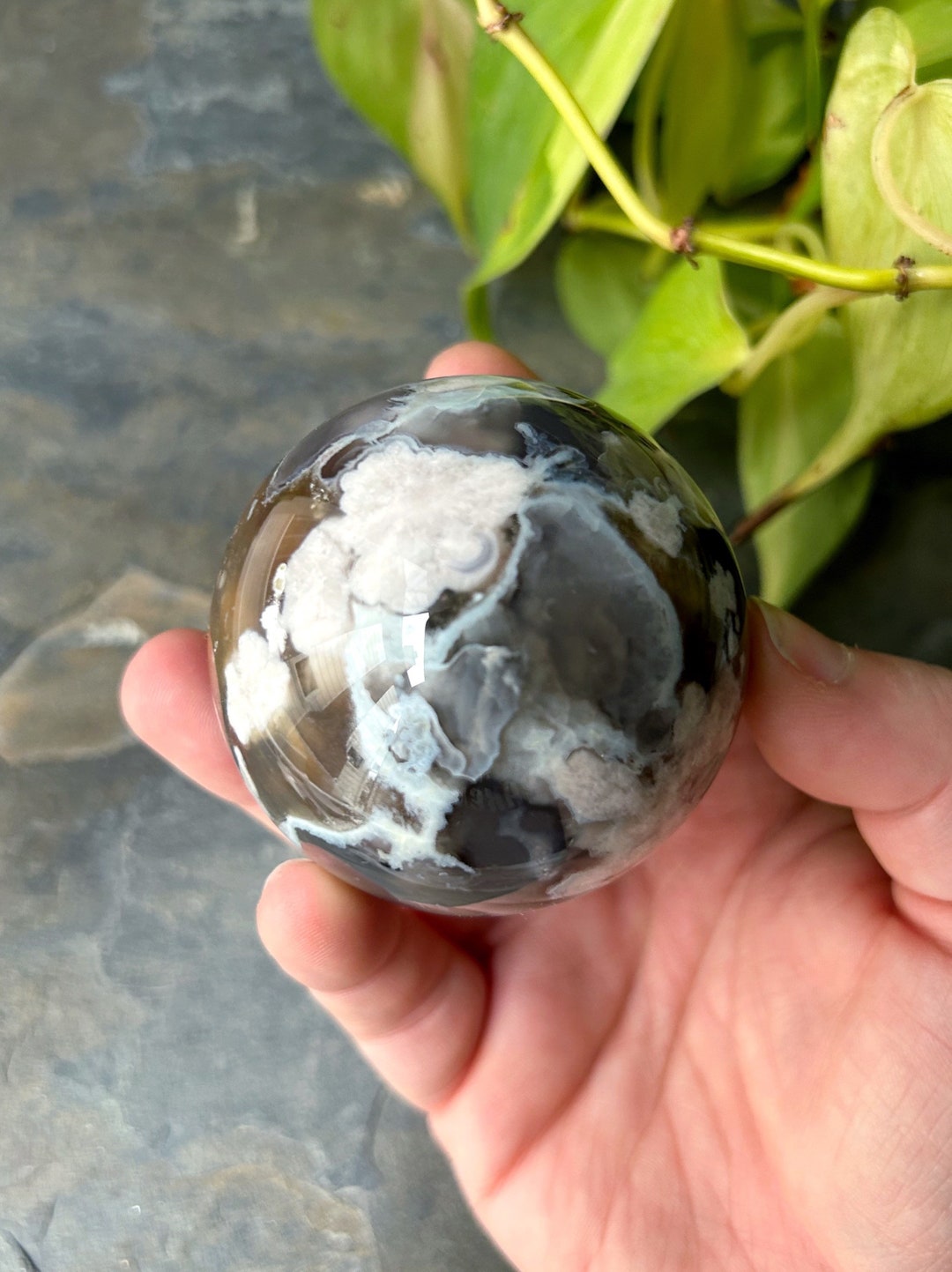 Black Flower Agate Sphere- Light Blue, Golden Brown, and Grey Flower ...