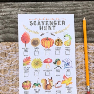Printable Fall Autumn Scavenger Hunt for Kids Watercolor Full Color for ...