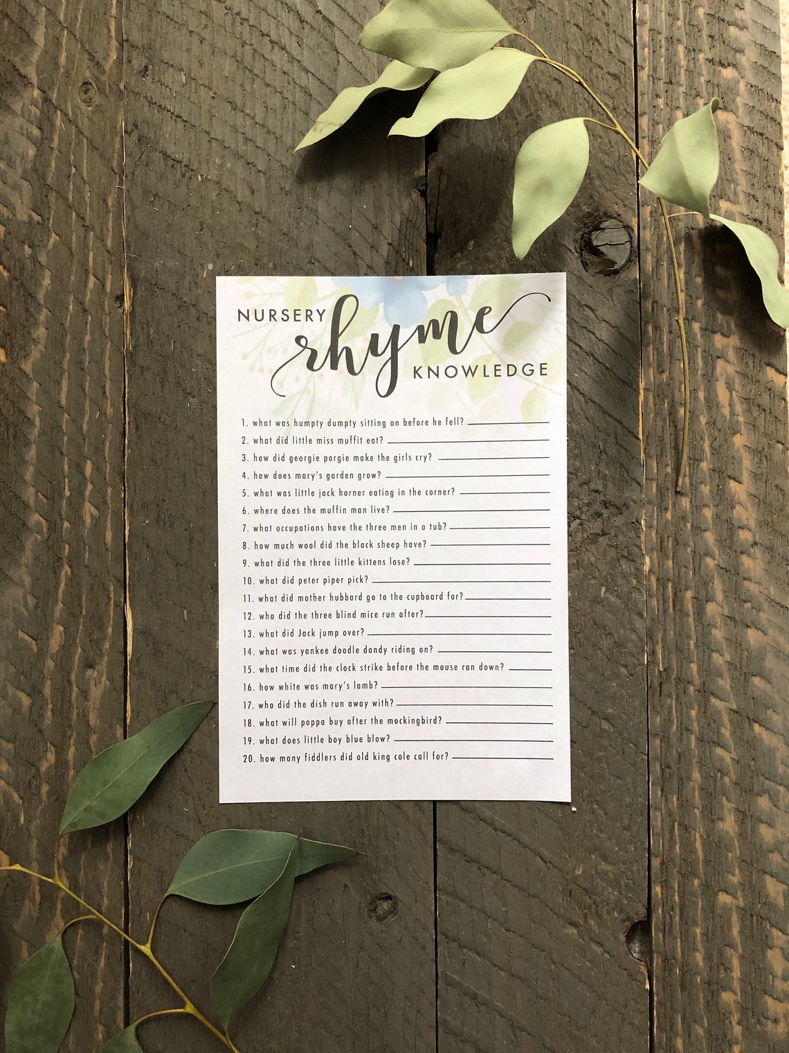 Printable Shower Nursery Rhyme Quiz Game Vintage Blue and Sage Green ...