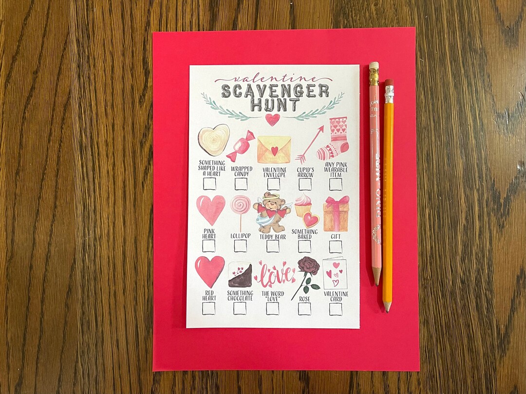 Printable Valentines Day Scavenger Hunt for Kids Watercolor Full Color ...