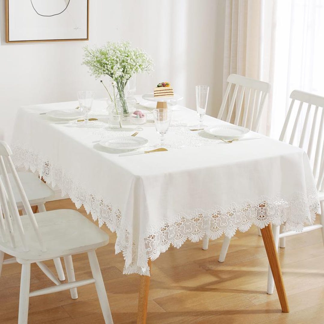 Linen Poly Blend Tablecloth With Lace Applique - Elegant Holiday ...