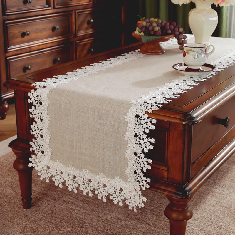 Beige Linen Table Runner: Embroidered Lace Border, Holiday Decor - Etsy