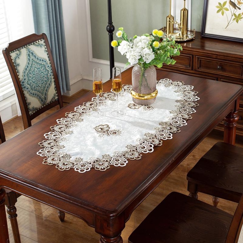 Lace Table Runner: Cream & Gold Floral Jacquard - Oval, Rectangle ...
