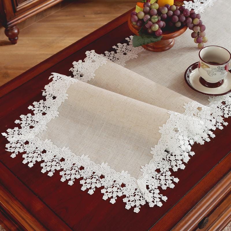 Beige Linen Table Runner: Embroidered Lace Border, Holiday Decor - Etsy