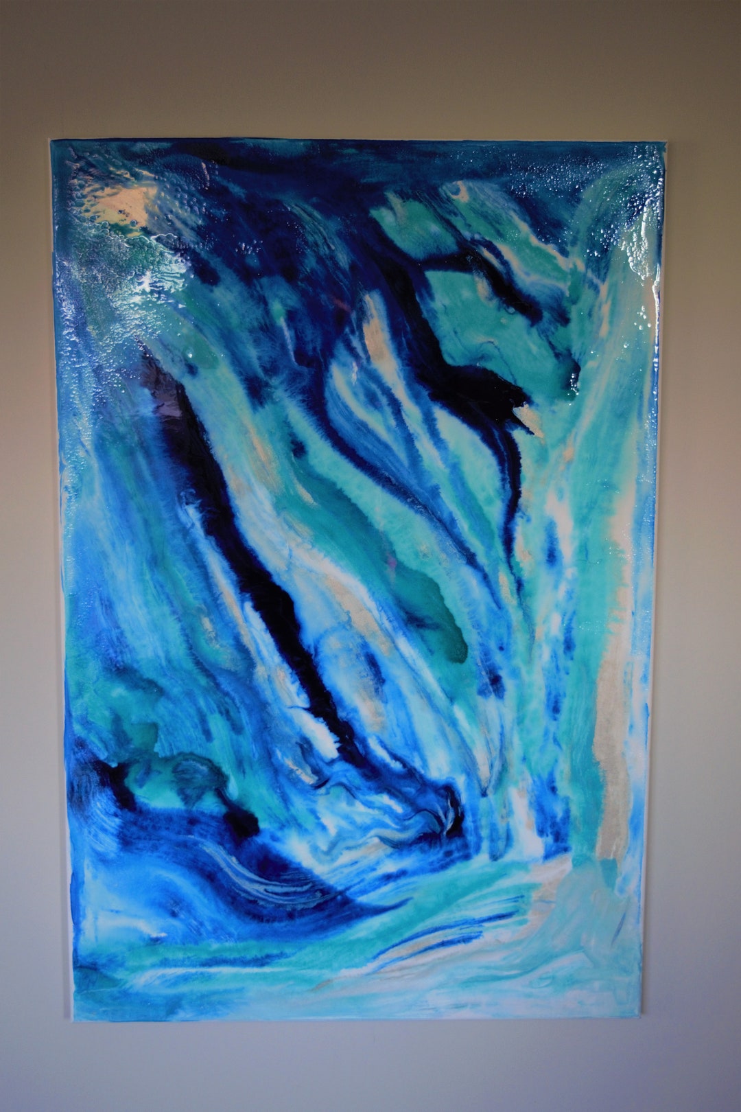 24" X 36" Dark Blue and Teal Acrylic Ink Abstract Painting - Etsy