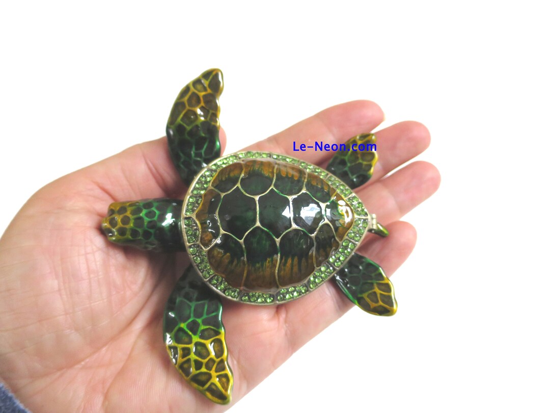 Bejeweled Dark Green Sea Turtle Hinged Metal Enameled Rhinestone ...