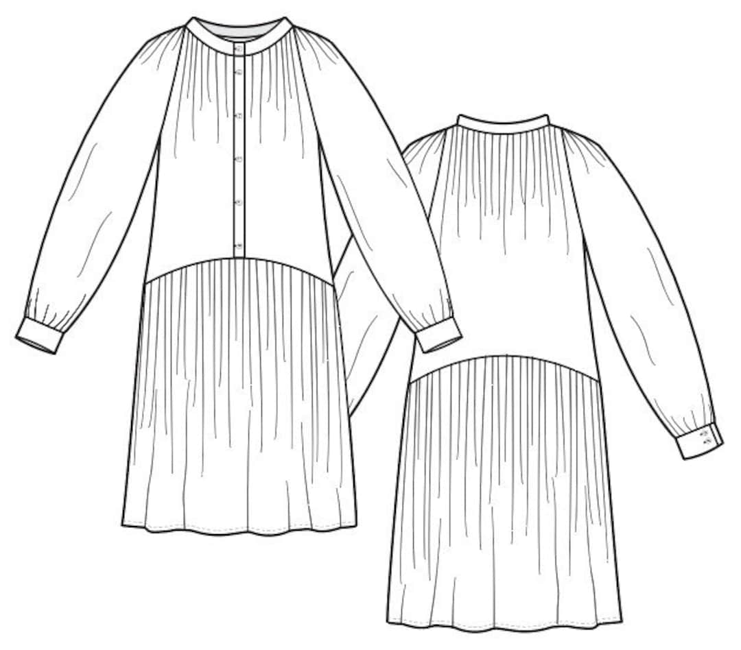 Fashion Flat Technical Sketches Dropwaist Dress Raglan Sleeves Placket ...