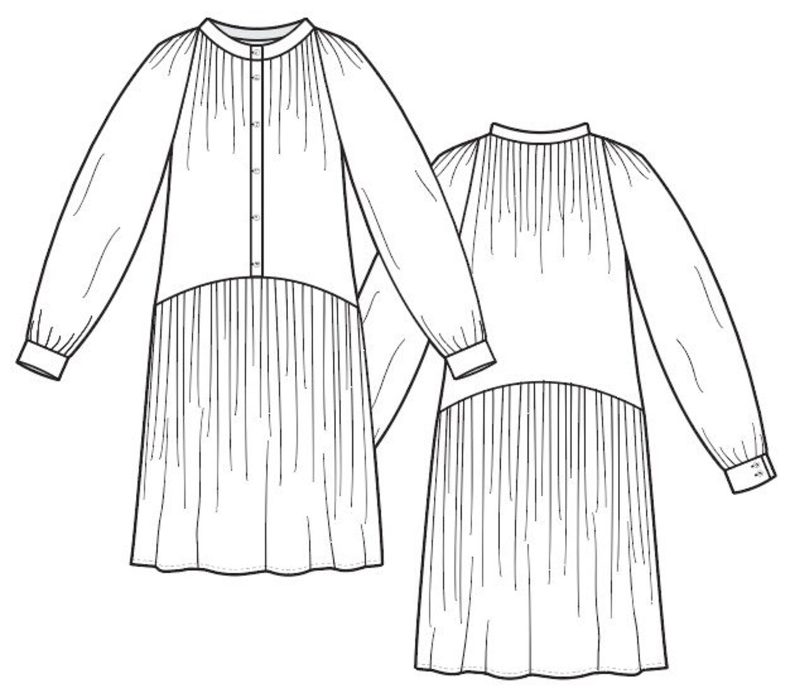 Fashion Flat Technical Sketches Dropwaist Dress Raglan Sleeves Placket ...