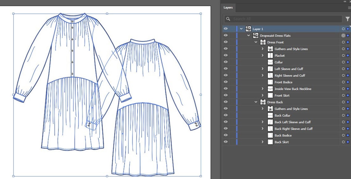 Fashion Flat Technical Sketches Dropwaist Dress Raglan Sleeves Placket ...