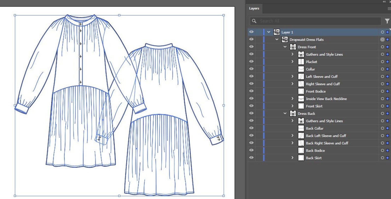 Fashion Flat Technical Sketches Dropwaist Dress Raglan Sleeves Placket Gathers Midi Dress Tech ...