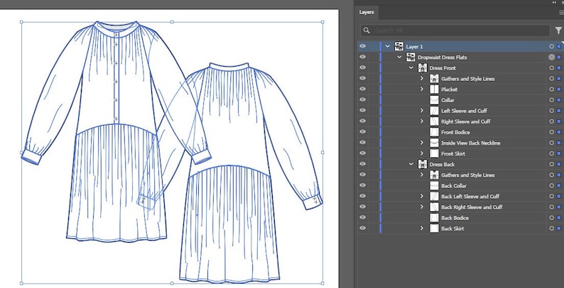 Fashion Flat Technical Sketches Dropwaist Dress Raglan Sleeves Placket ...
