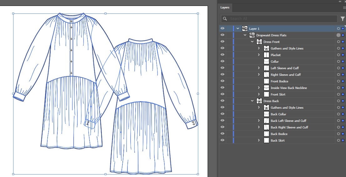 Fashion Flat Technical Sketches Dropwaist Dress Raglan Sleeves Placket ...
