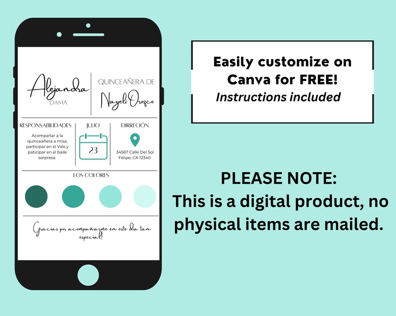 Quinceanera Info Card Template Customizable Quince Party Info - Etsy