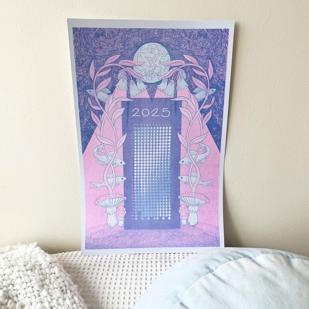 2025 Lunar Phases Calendar Risograph Poster 11x17 A3 Riso Poster ...