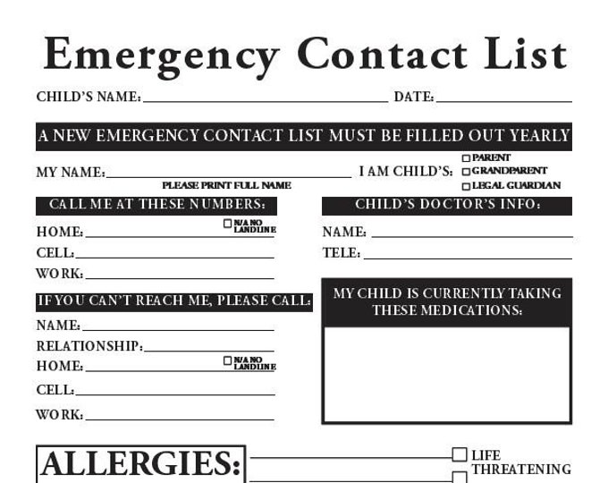 Emergency Contact List daycare Instant Digital Download - Etsy