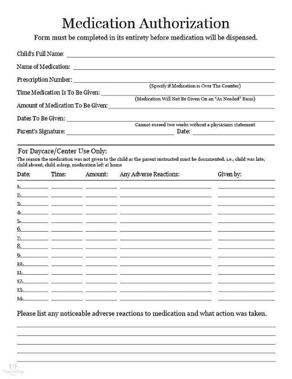 Medication Authorization Form Instant Digital Download - Etsy