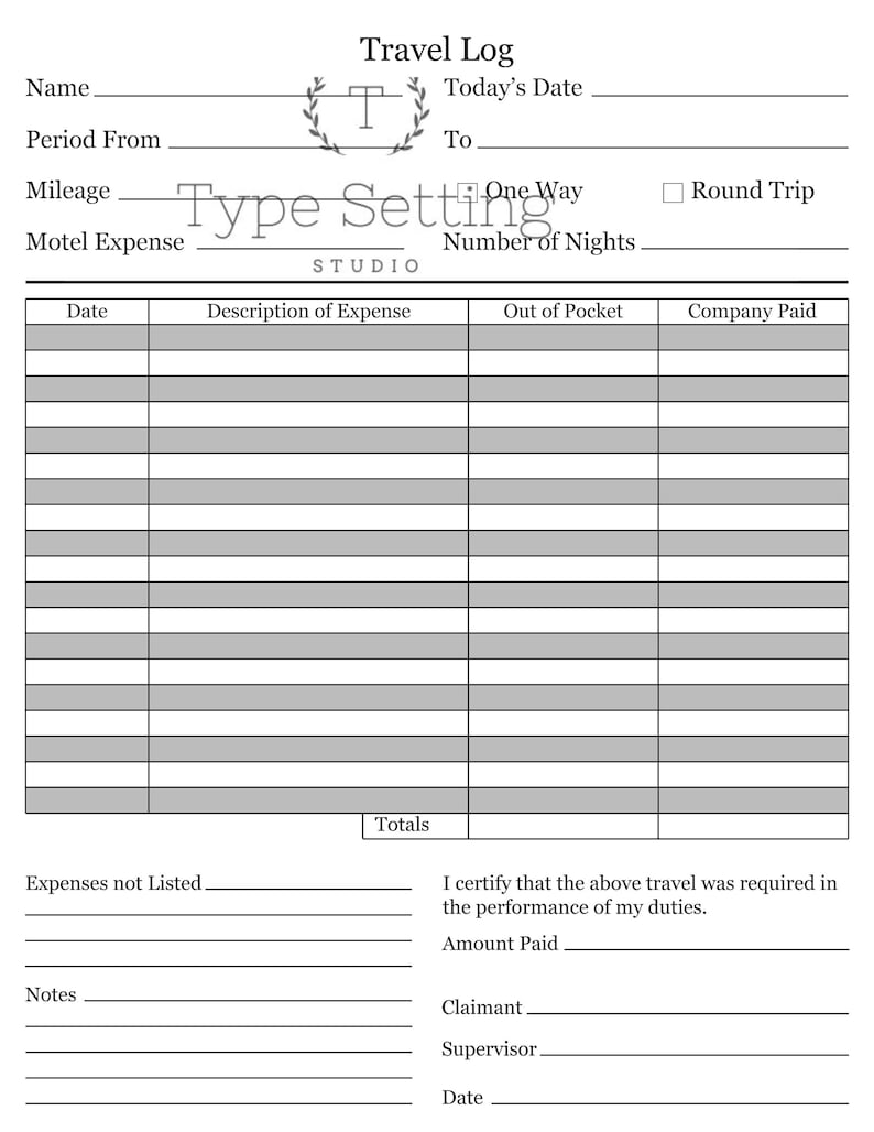 Travel Log, Travel Expense Log Instant Digital Download - Etsy