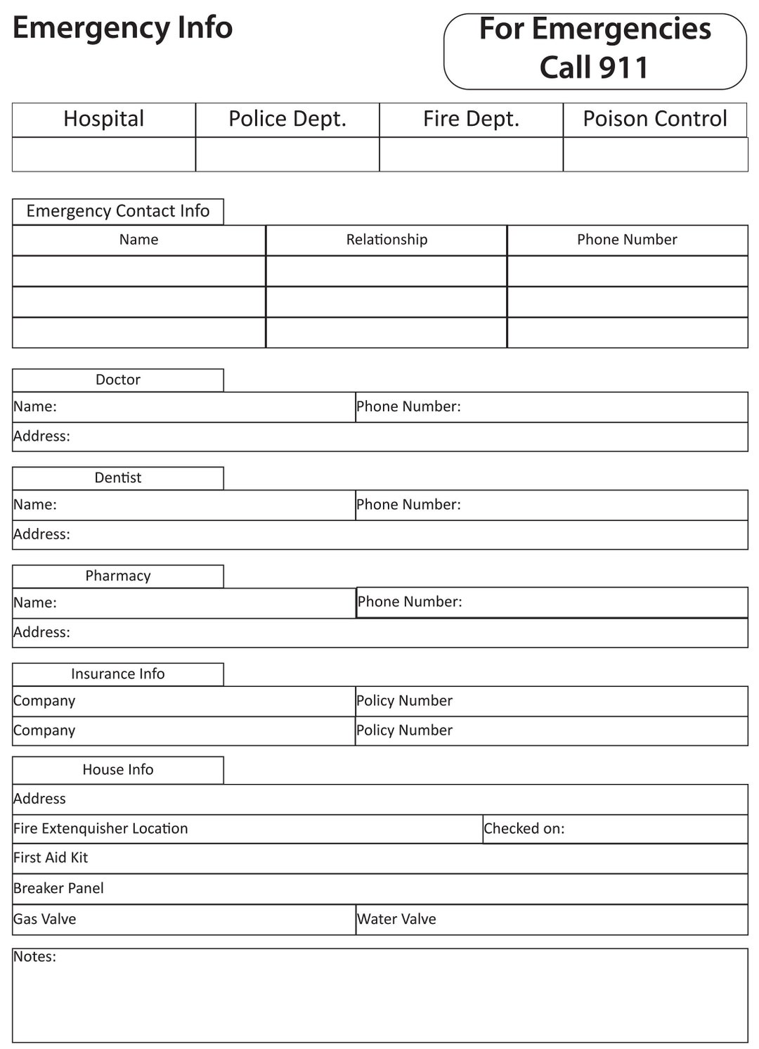 Emergency Contact Information, Emergency Info, ER Contact Info, 911 ...