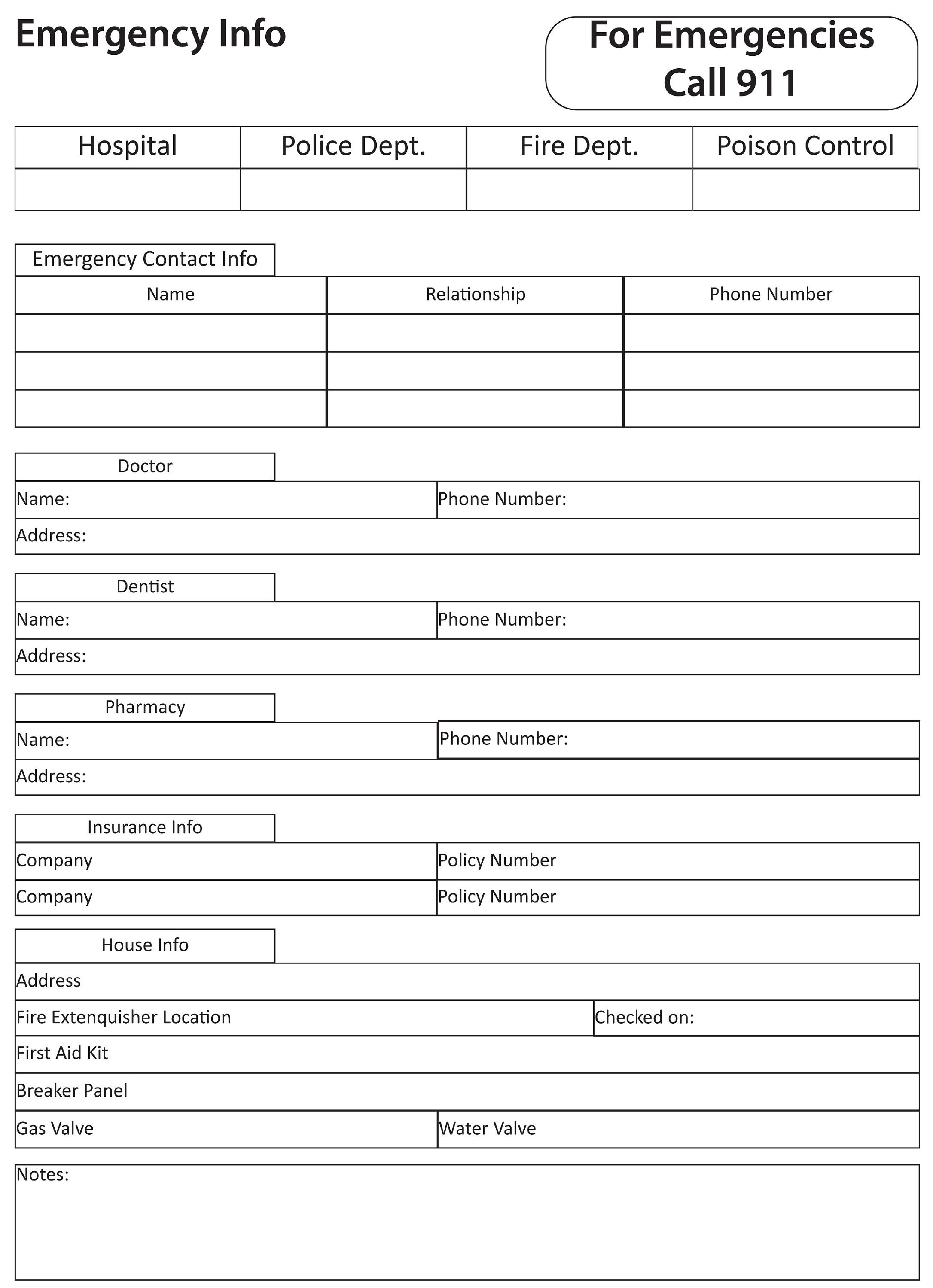 Emergency Contact Information, Emergency Info, ER Contact Info, 911 ...