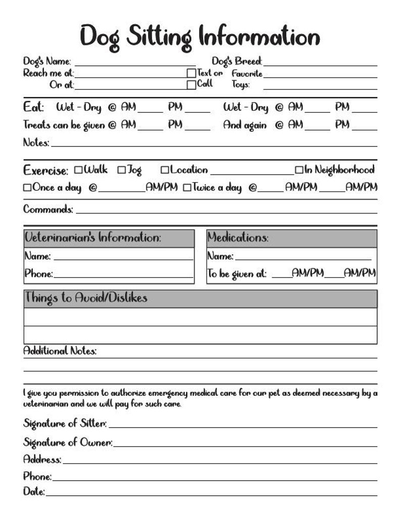 Dog Sitting Information 2, A Sheet With More Customer Info at the ...
