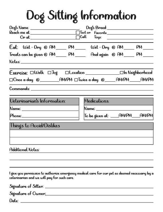 Dog Sitting Information Instant Digital Download Etsy