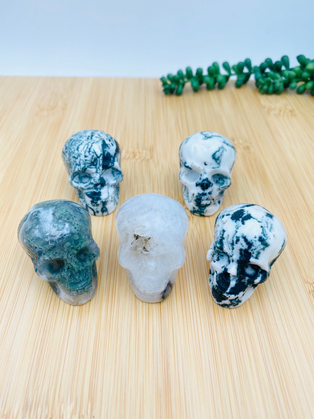 Small Moss Agate Skulls, Small Crystal Skull, Moss Agate Carvings, 2 ...