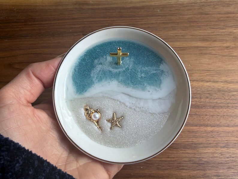 Personalized Christian Cross Beach Ring Dish: Ocean Wave Ceramic ...