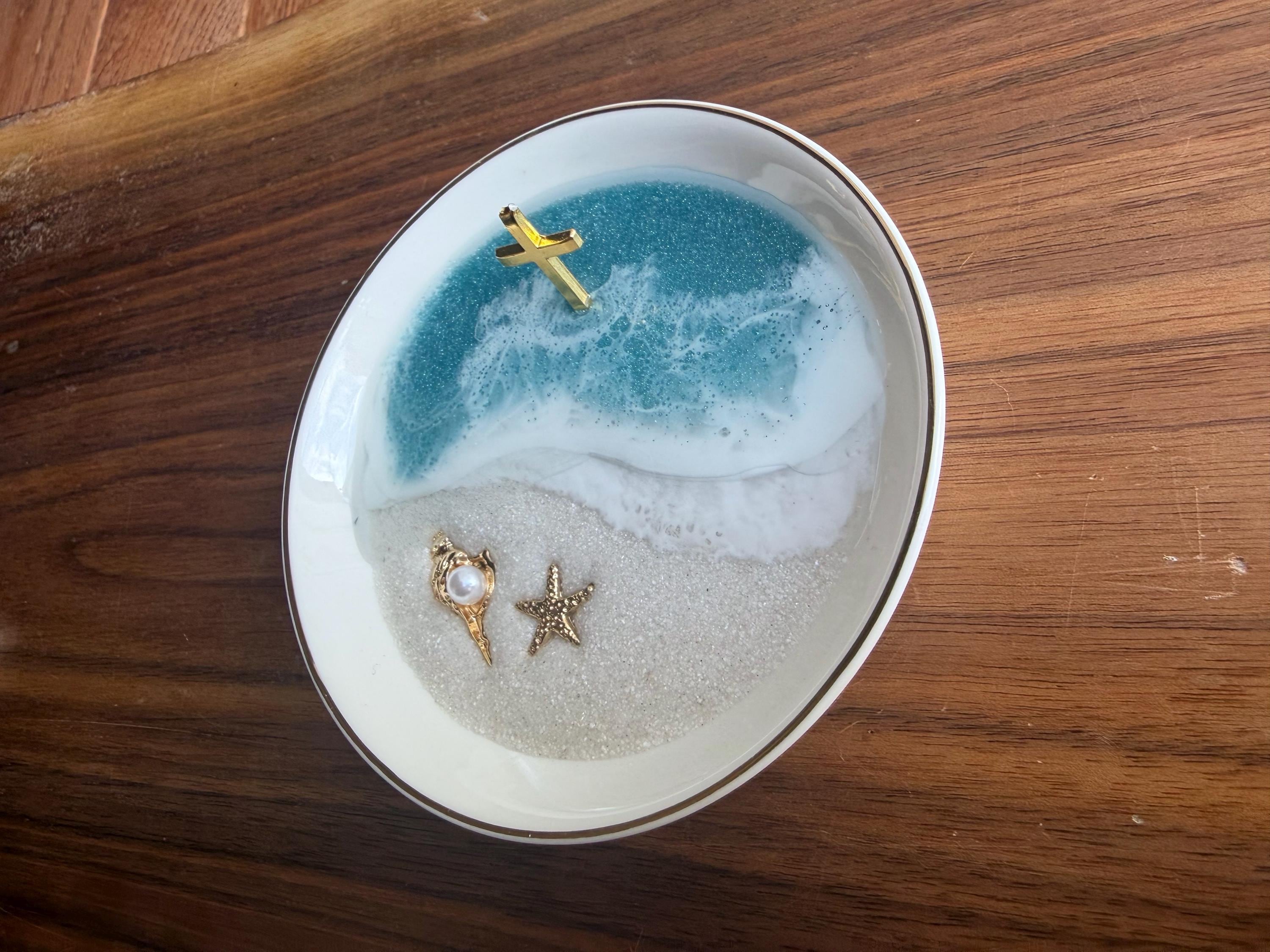 Personalized Christian Cross Beach Ring Dish: Ocean Wave Ceramic ...