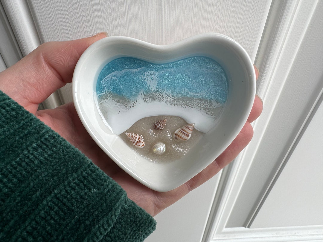 Blue Water Personalized Ring Dish, Beach Ceramic Heart Dish for Wedding ...