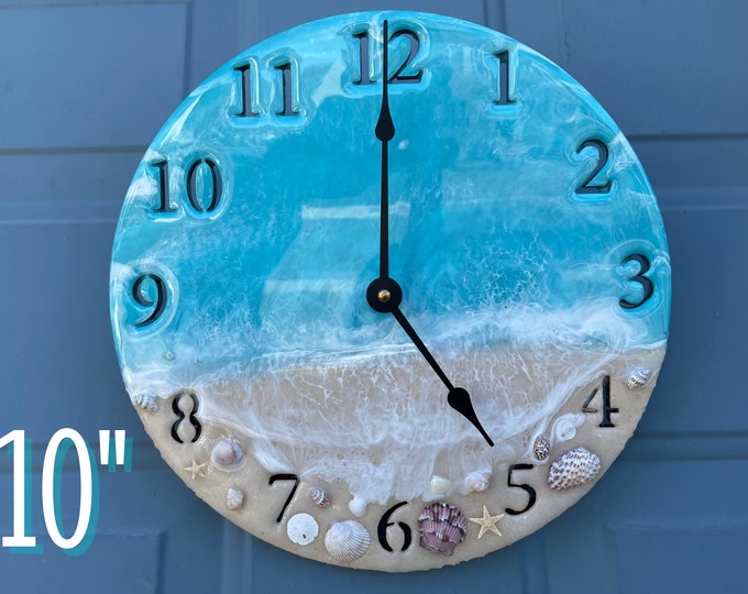 10" Beach Clock, Coastal Wall Decor Gift Epoxy Resin Art Nautical Ocean ...