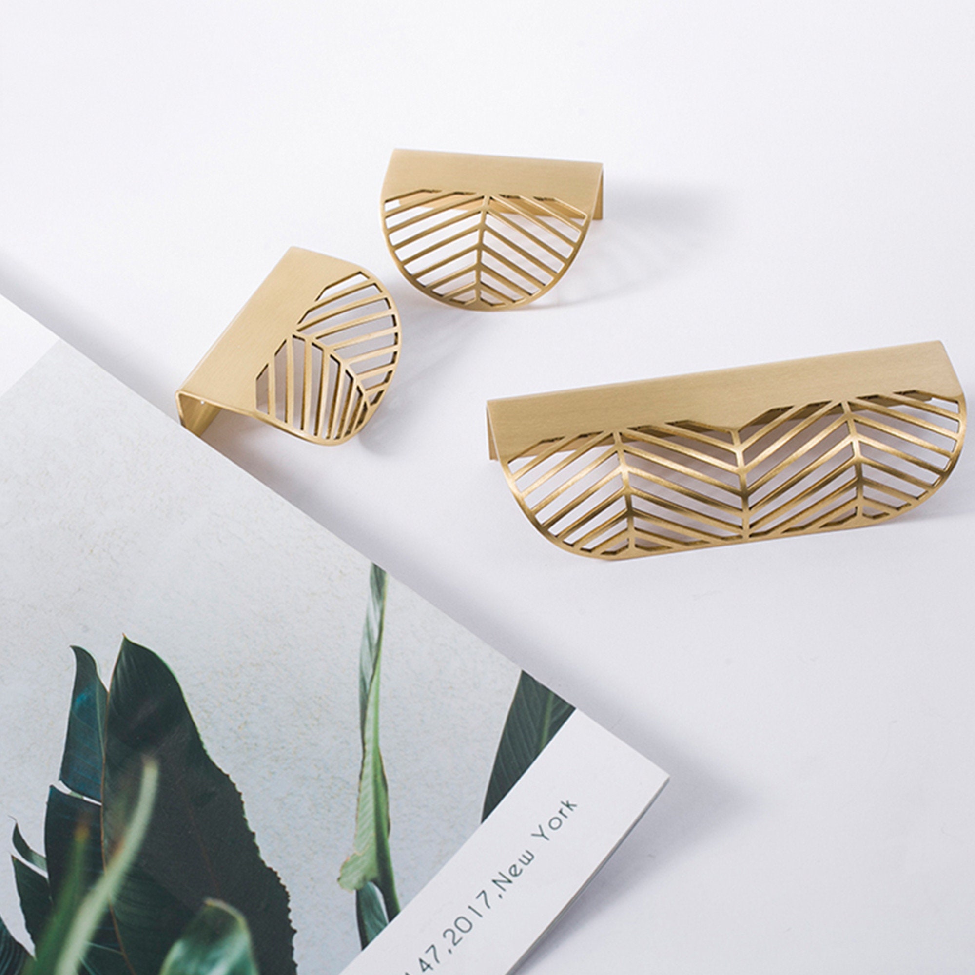 Brass Cabinet Handles Leaf Design Invisible Drawer Pulls | Etsy