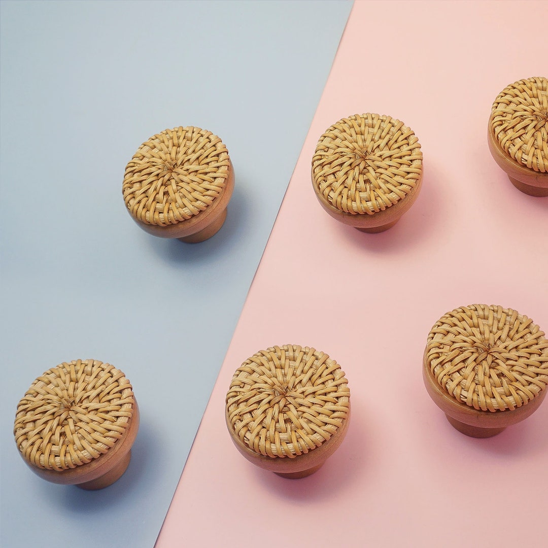 Boho Rattan Cabinet Wooden Knob Knob Unique Wood Knobs Rattan Drawer ...