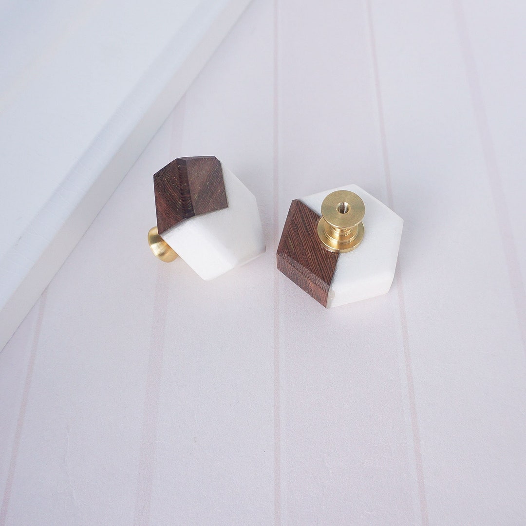 Hexagon Knob Modern Wood Marble Drawer Knob Cabinet Knobs Pulls Handles ...
